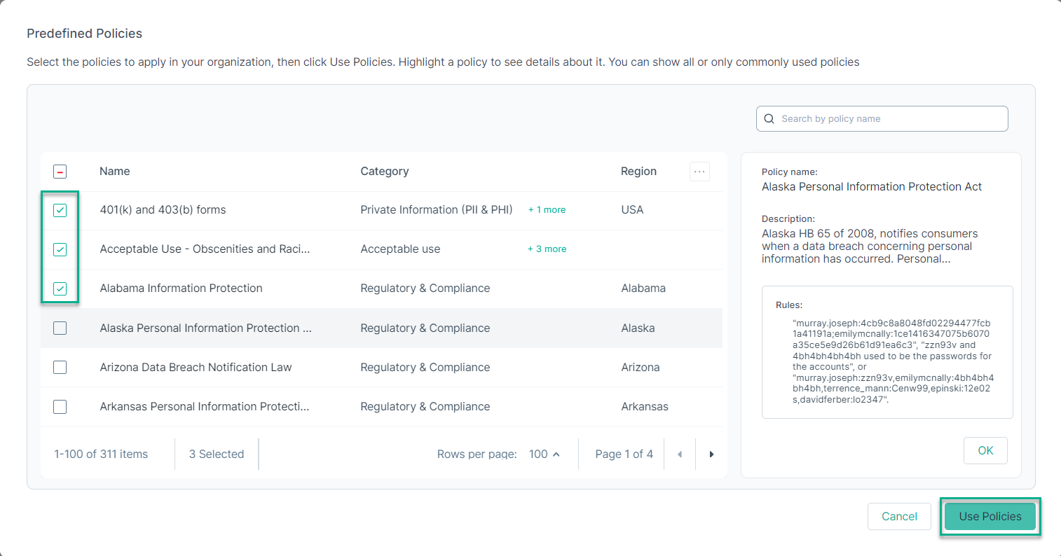 Using a predefined policy